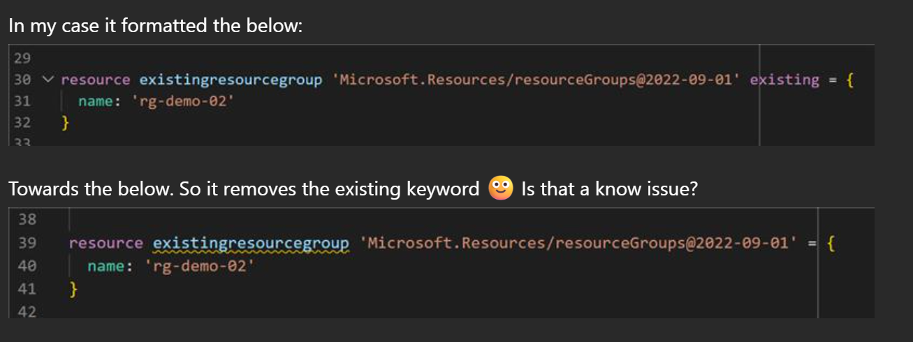 Formatter v2 removes `existing` keyword · Issue #11359 · Azure/bicep · GitHub