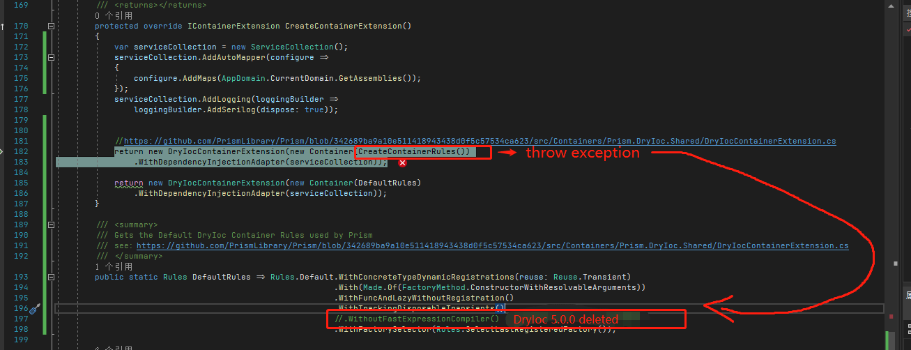 [Bug] DryIoc update to 5.0.0, Invoke new DryIocContainerExtension(new Container(DefaultRules ...