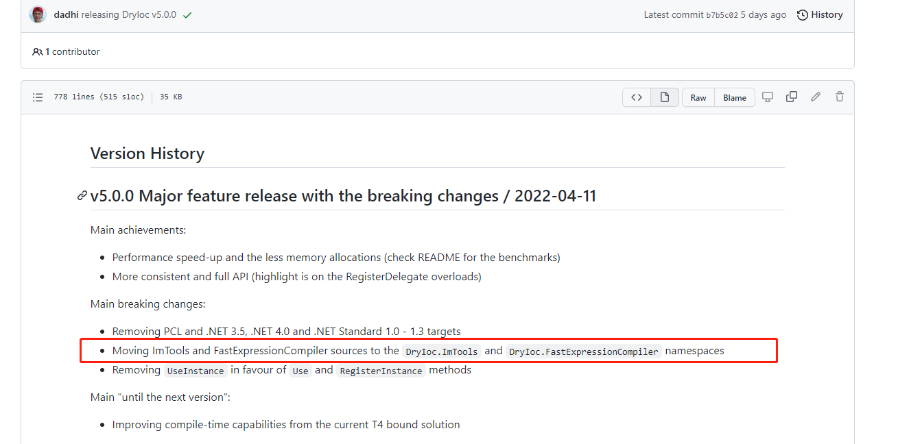 [Bug] DryIoc update to 5.0.0, Invoke new DryIocContainerExtension(new Container(DefaultRules ...