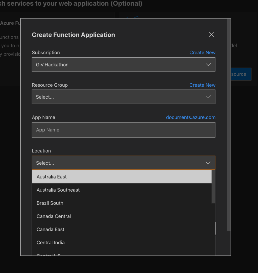 Locations dropdown in Azure Functions modal does not have enough room ...
