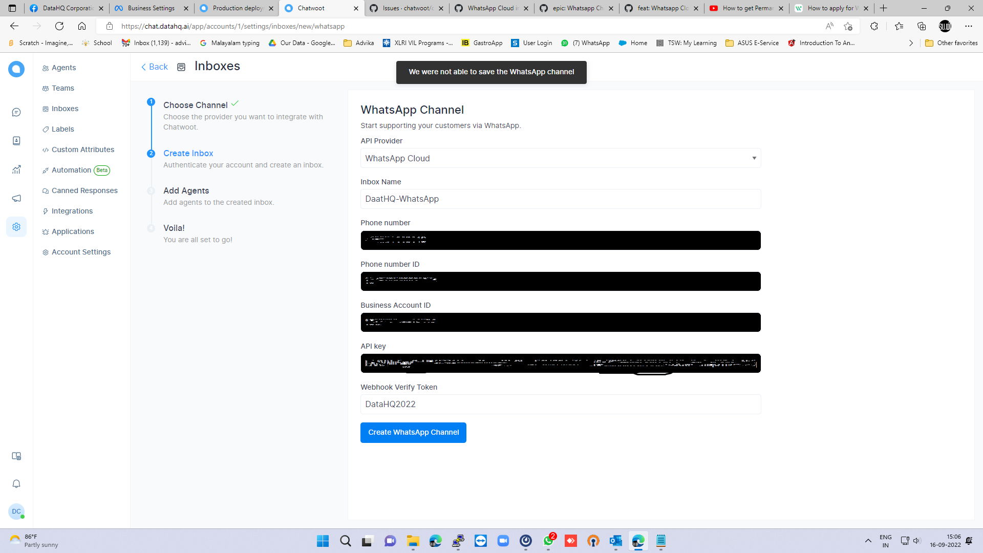 Unable to add Whatsapp channel using whatsapp cloud API · Issue #5445 · chatwoot/chatwoot · GitHub
