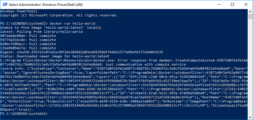 Docker Error Response From Daemon Createcomputesystem Lost Communication With Compute Service
