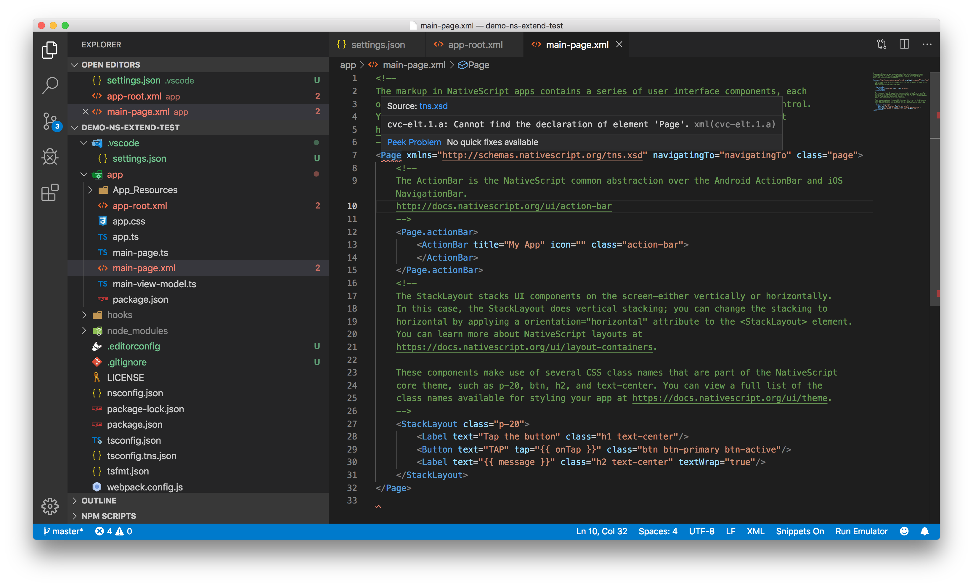 XML Errors After Installation Issue 7 UnoRoute vscode nativescript