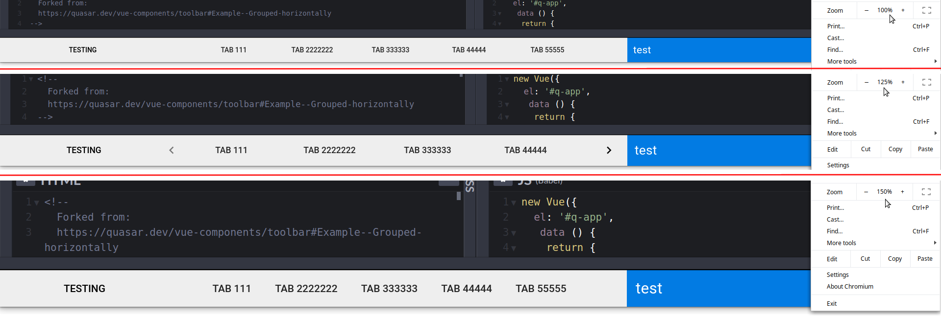 QTabs and shrink aren't reliable with zoom · Issue #4689 · quasarframework/quasar · GitHub