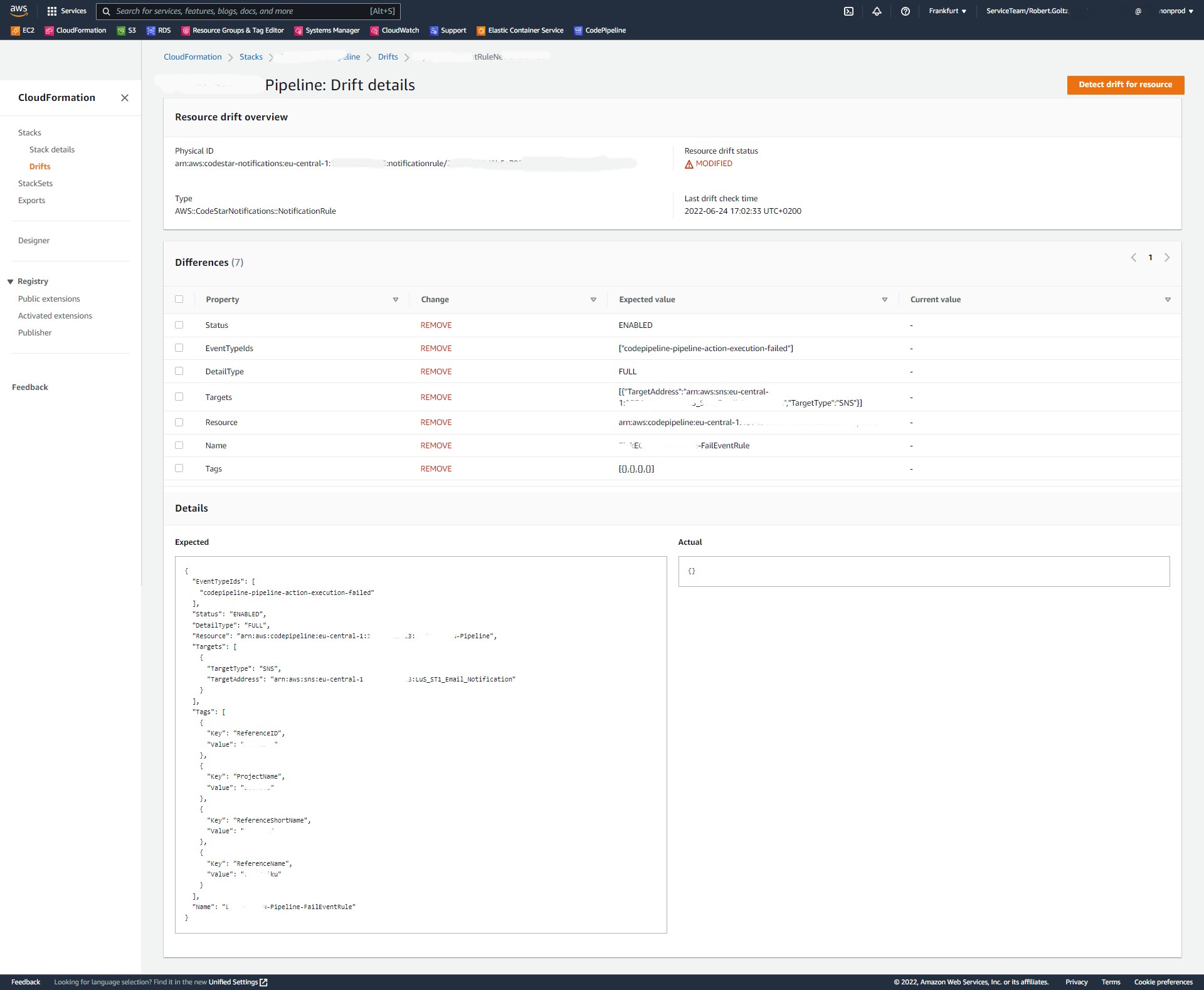 CloudFormation with AWS::CodeStarNotifications::NotificationRule resource causing constantly a ...