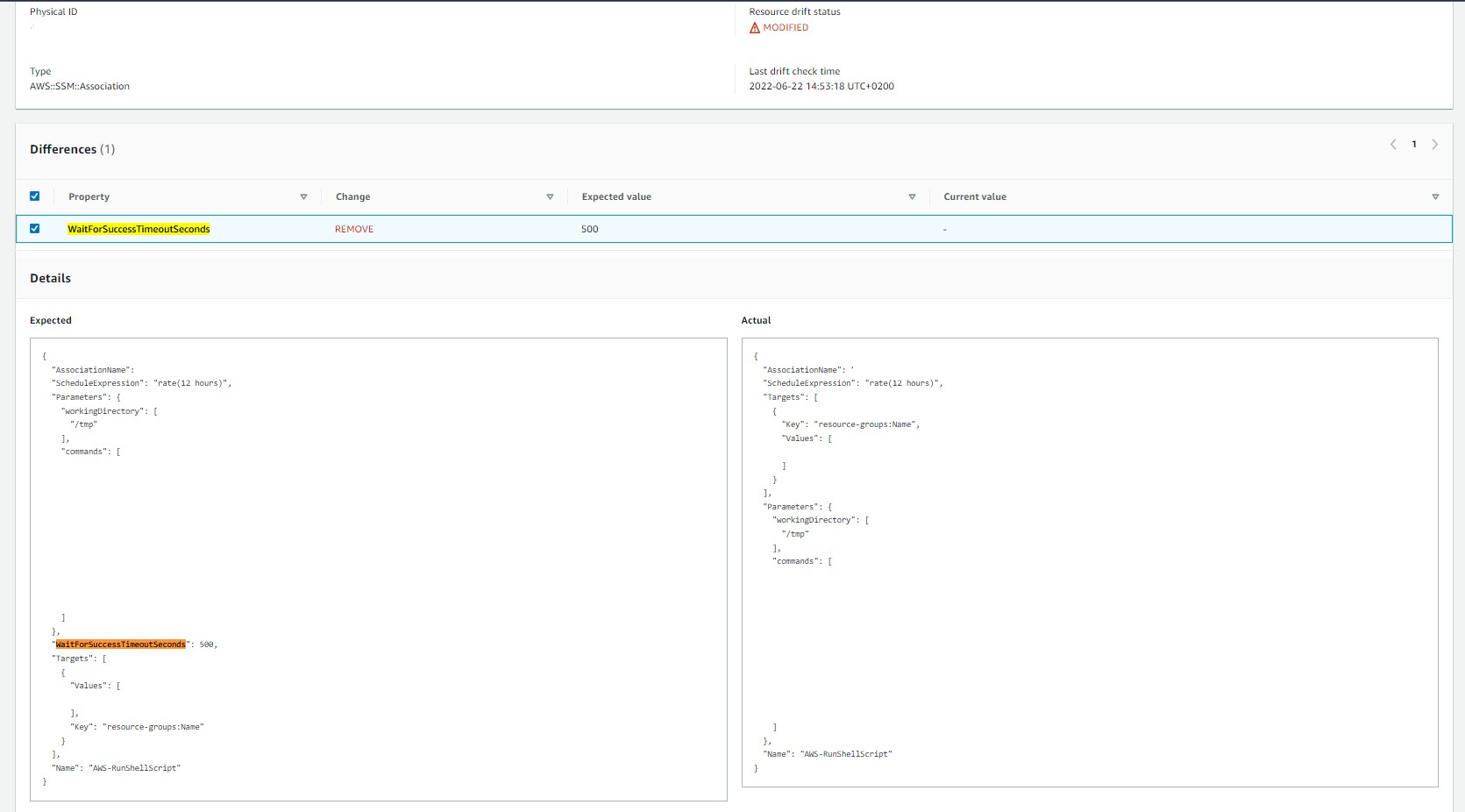 Drift Detection false positive for WaitForSuccessTimeoutSeconds property of AWS::SSM ...