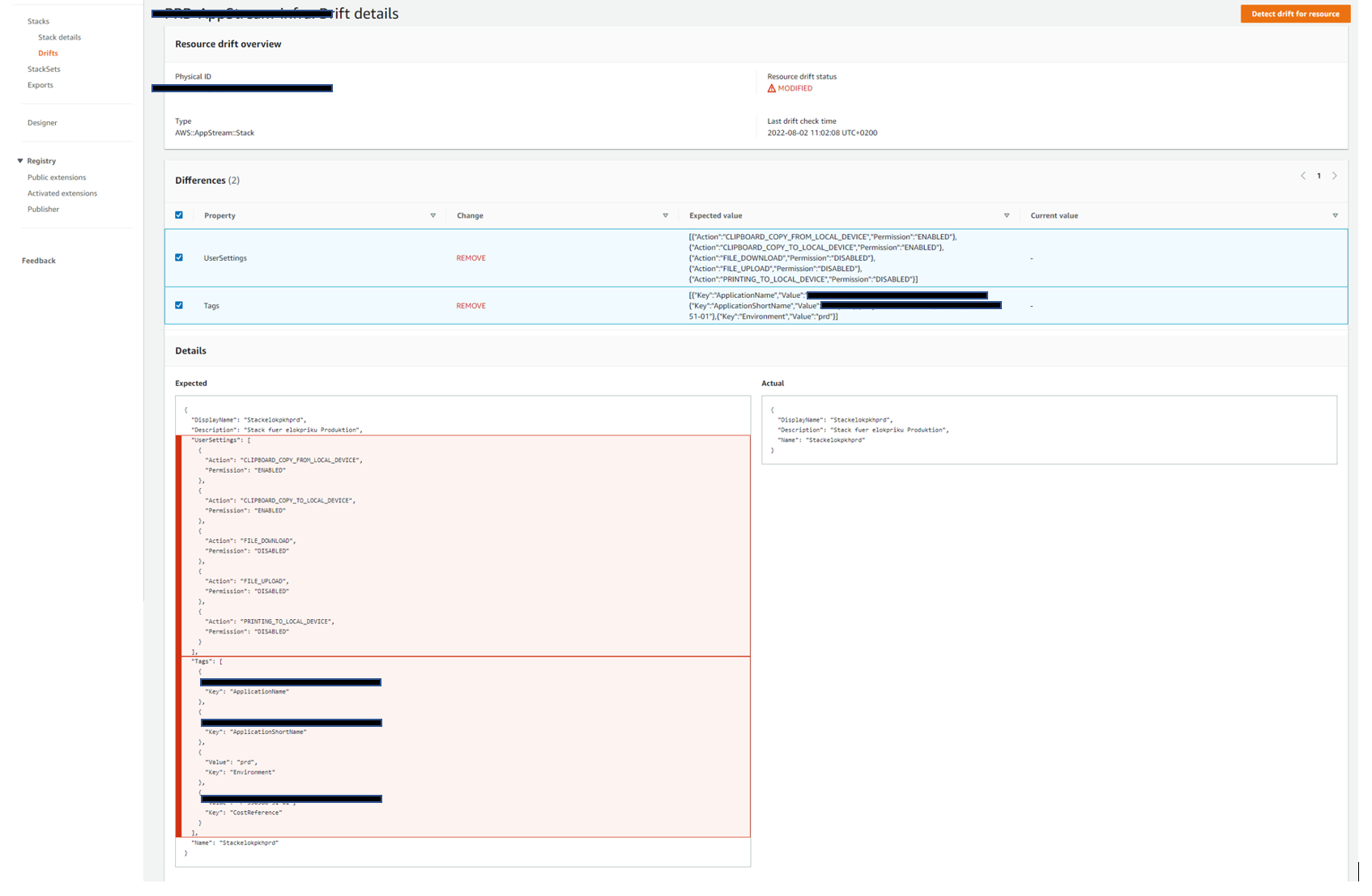 [AWS::AppStream::Stack][Drift] False Positive Drift for Tags and UserSettings for resource AWS ...