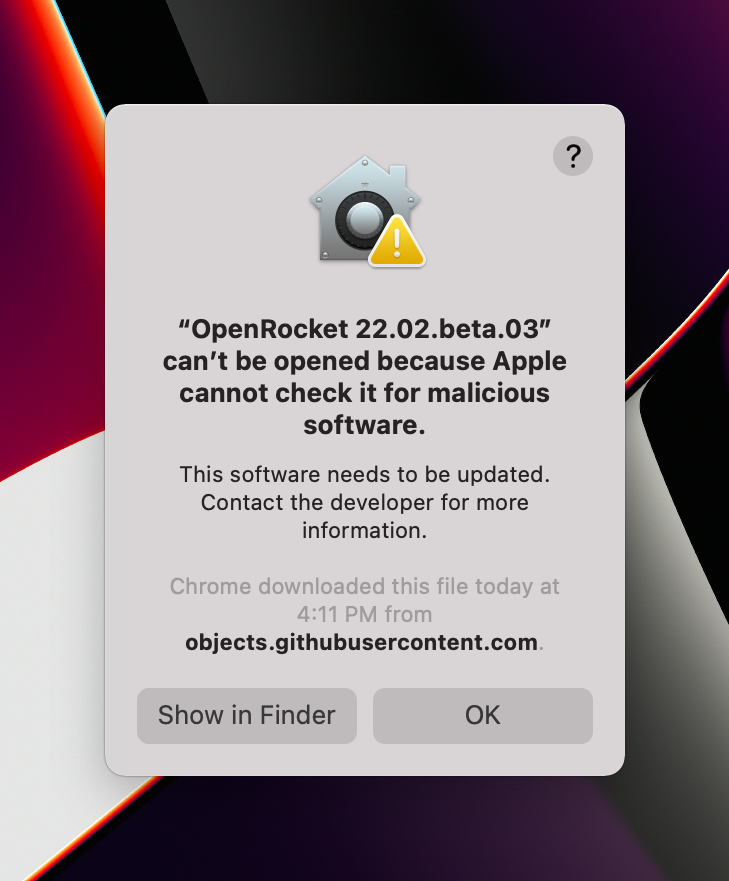 22.02.beta.03, MacOS 12.2.1 : "Can't be opened because Apple cannot check it for malicious ...