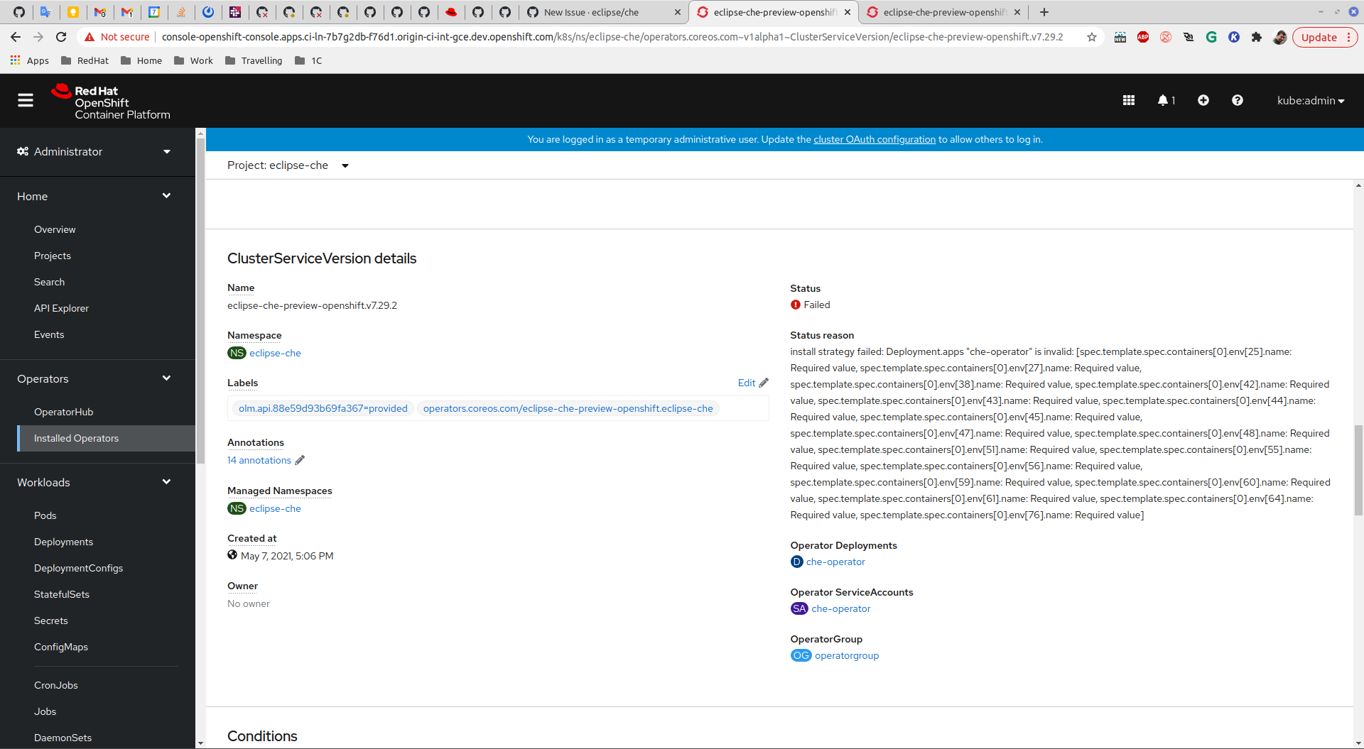Failed To Deploy Eclipse Che 7 29 2 On Openshift 4 8 0 0 Nightly 2021 05 07 075528 · Issue