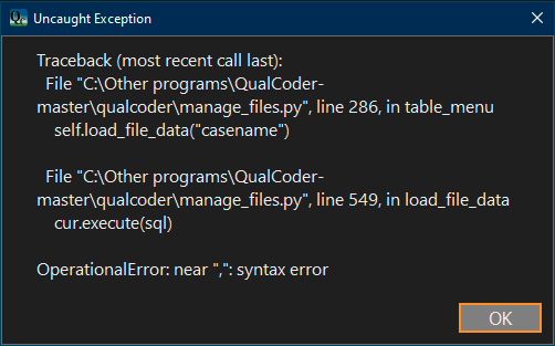 Bug: Uncaught exception: Manage Files | case order · Issue #567 · ccbogel/QualCoder · GitHub
