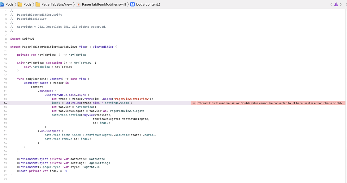 Thread 1: Swift runtime failure: Double value cannot be converted to Int because it is either ...