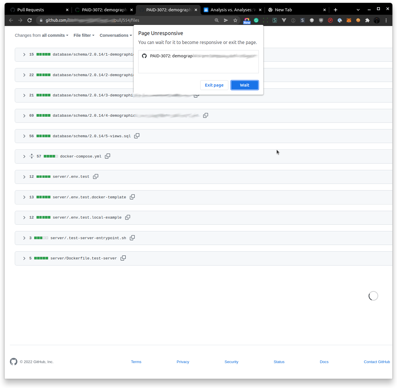 "Files changed" view in pull request not loading files and comments on ...