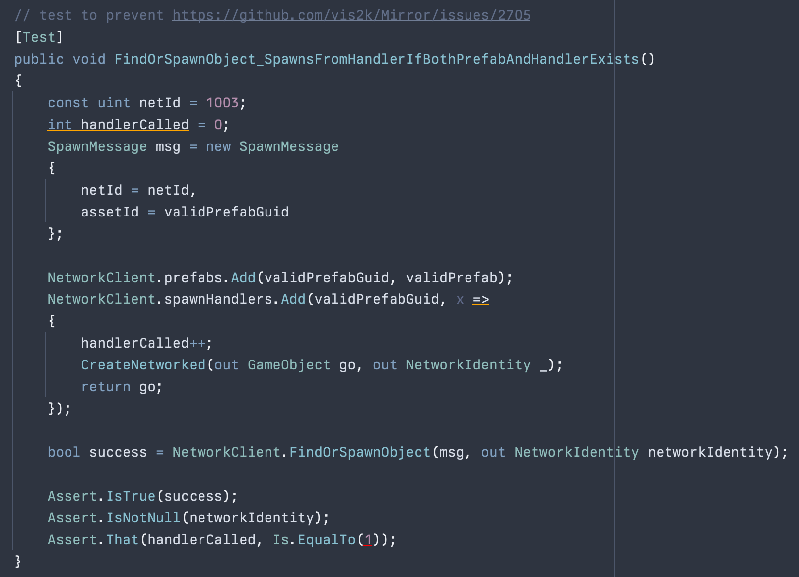 SpawnHandler from NetworkClient.RegisterPrefab(prefab, SpawnHandler ...