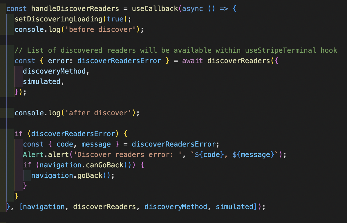 `discoverReaders` never resolves when successfull · Issue #371 · stripe ... `discoverReaders` never resolves when successfull · Issue #371 · stripe ...