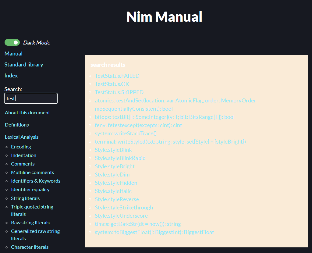Docs Search `results` Box Styling Is Not Dark Mode Friendly · Issue 13972 · Nim Lang Nim · Github