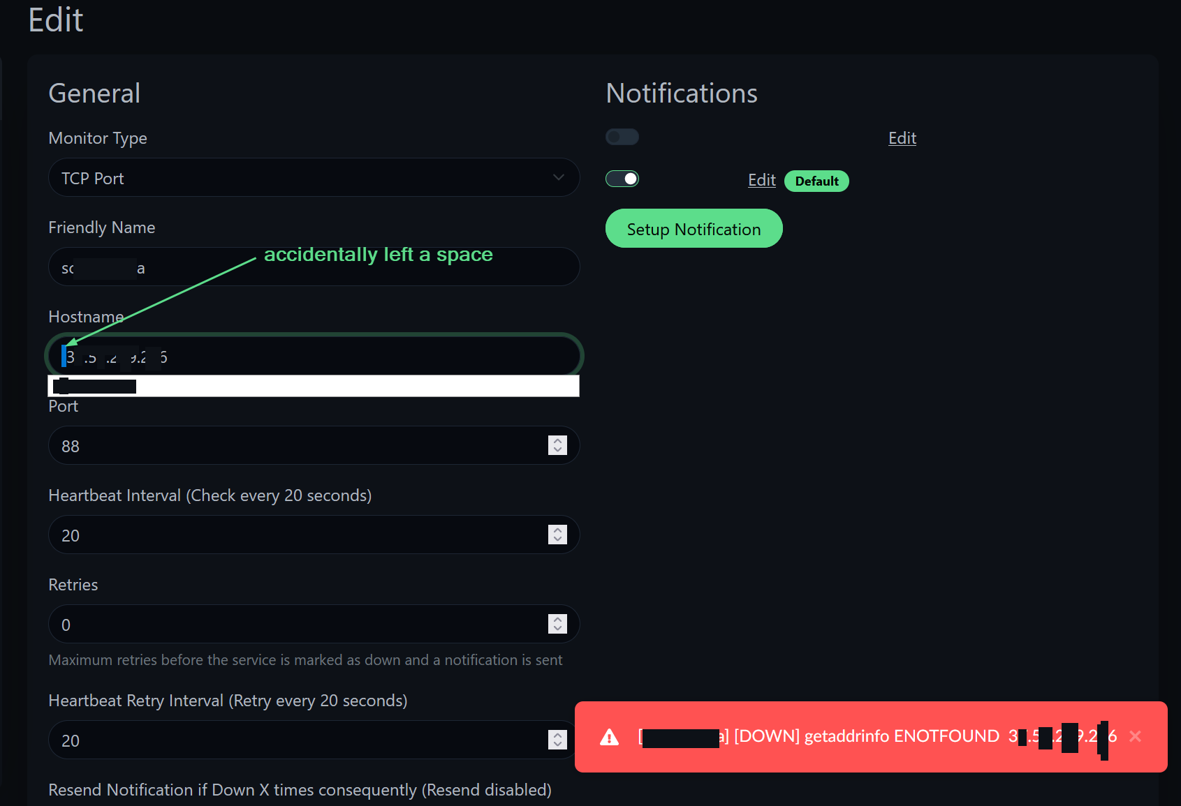 accidentally space in Hostname field · Issue #2616 · louislam/uptime-kuma · GitHub