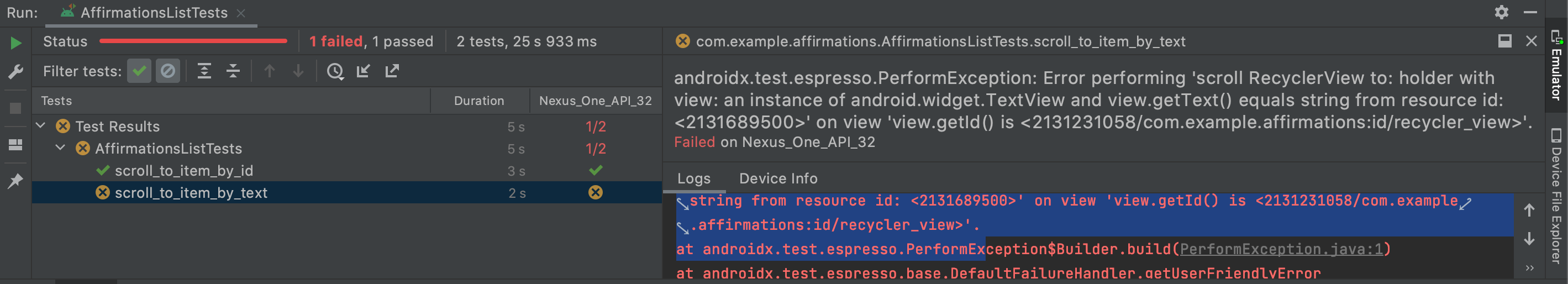 Android Basics issue: Error performing 'scroll RecyclerView to: holder ...
