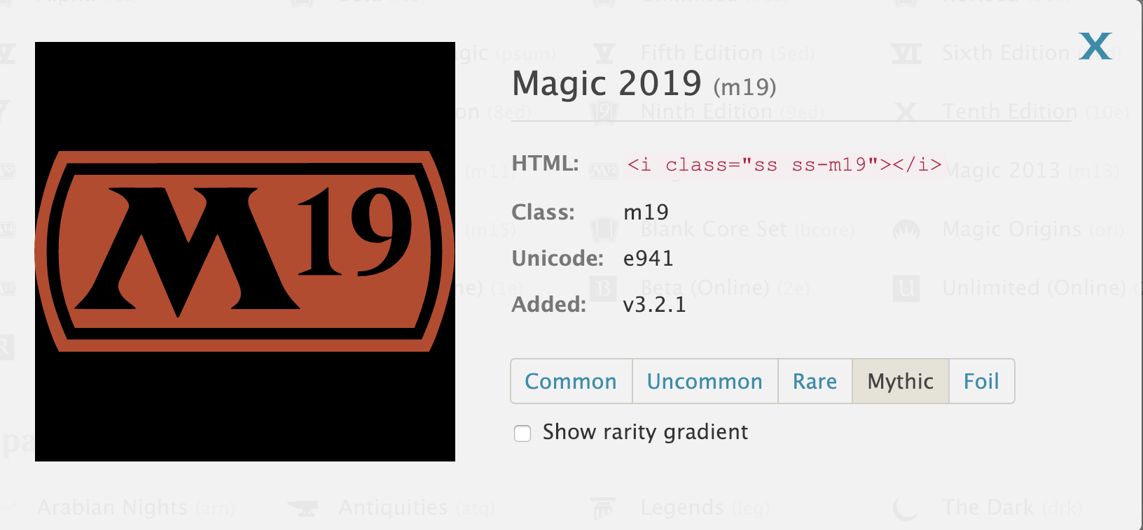 M19 symbol doesn't match actual glyph · Issue #88 · andrewgioia/keyrune · GitHub
