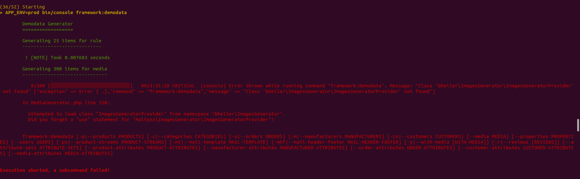 Error in generating demo data while running command "framework:demodata" in development ...