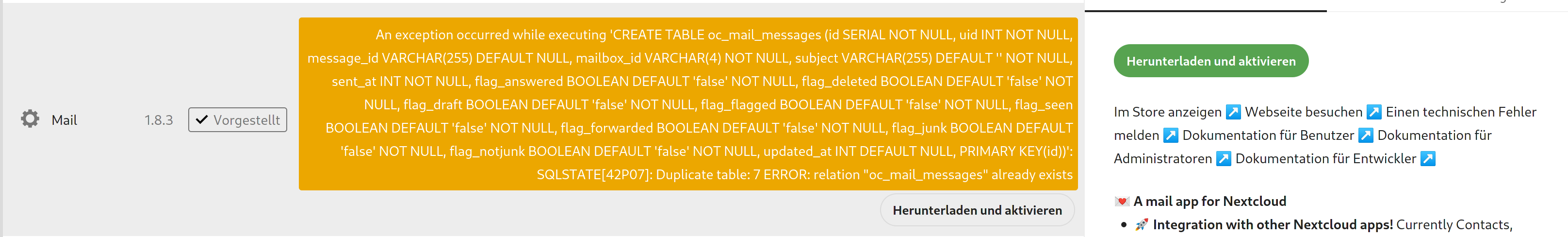 Duplicate table: relation already exists · Issue #4564 · nextcloud/mail · GitHub