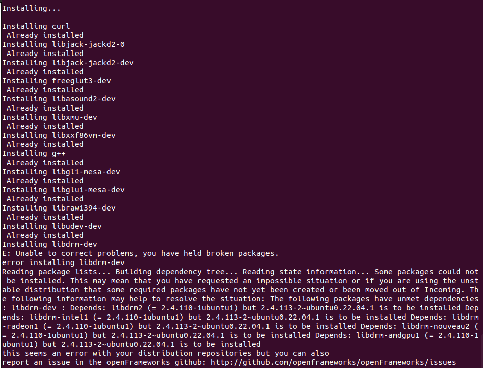 error installing libdrm-dev · Issue #7486 · openframeworks/openFrameworks · GitHub