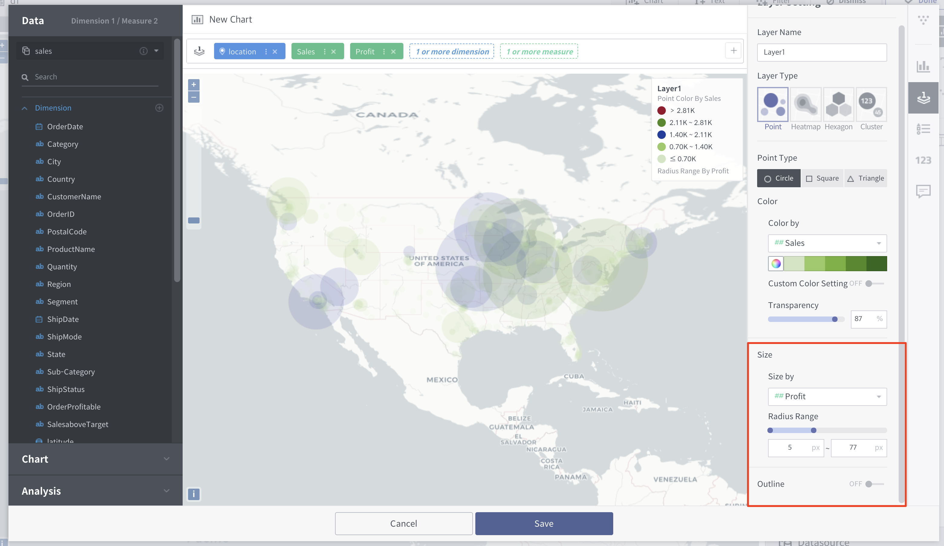 Size By Radius Range Values Are Not Kept When Setting Layer In Map View Chart · Issue
