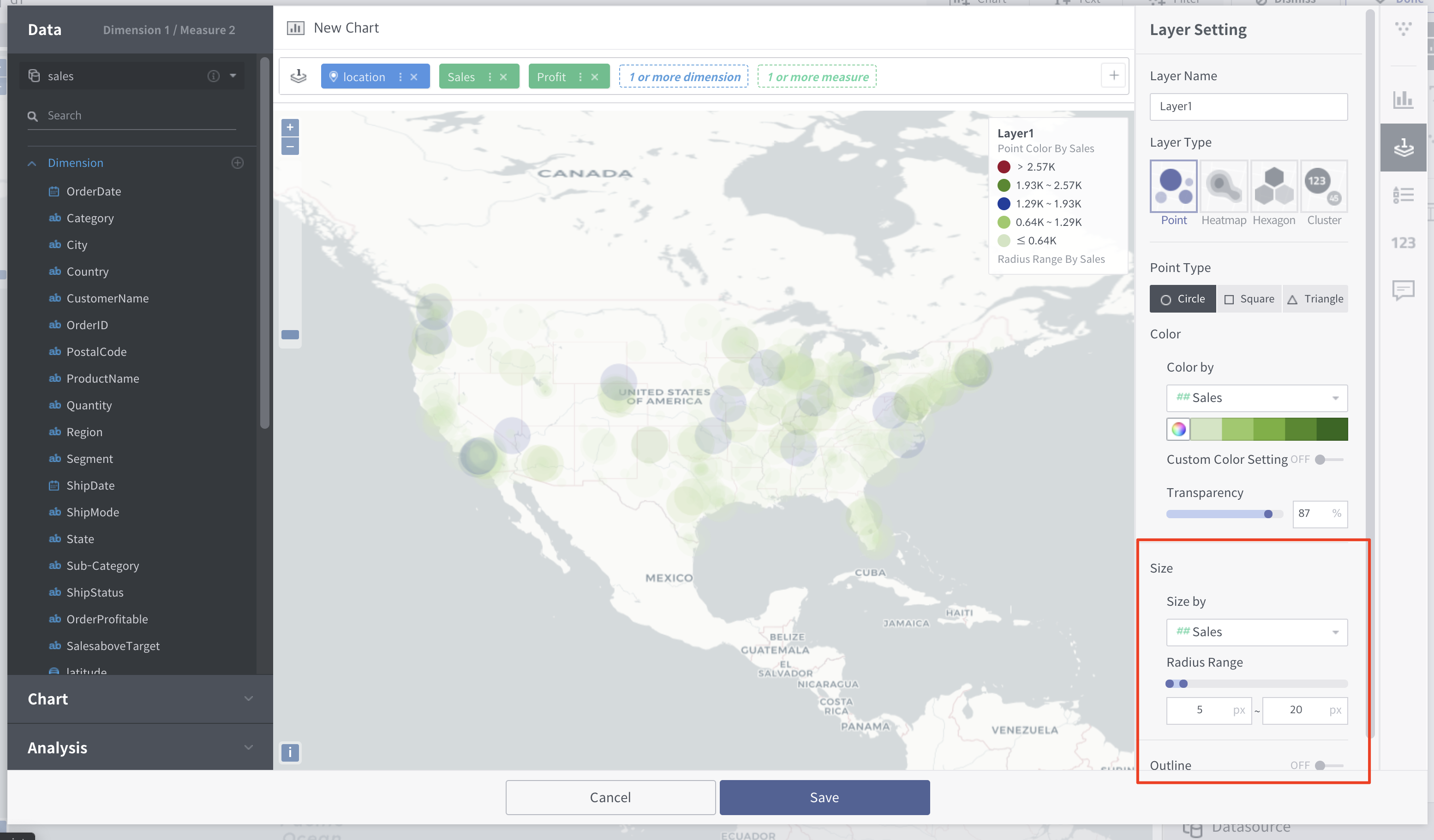 Size By Radius Range Values Are Not Kept When Setting Layer In Map View Chart · Issue