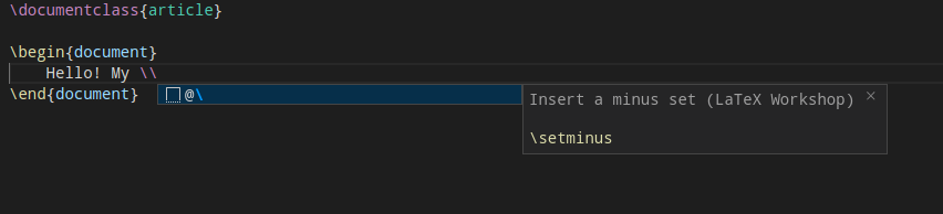 The \setminus snippet is suggested when entering a line break (\\) · Issue #1671 · James-Yu ...