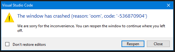 The window has crashed (reason: 'crashed', code: '-536870904') · Issue #160096 · microsoft ...