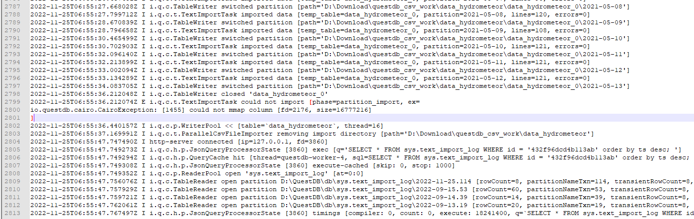 TextImportTask could not import [phase=partition_import, ex= io.questdb.cairo.CairoException ...