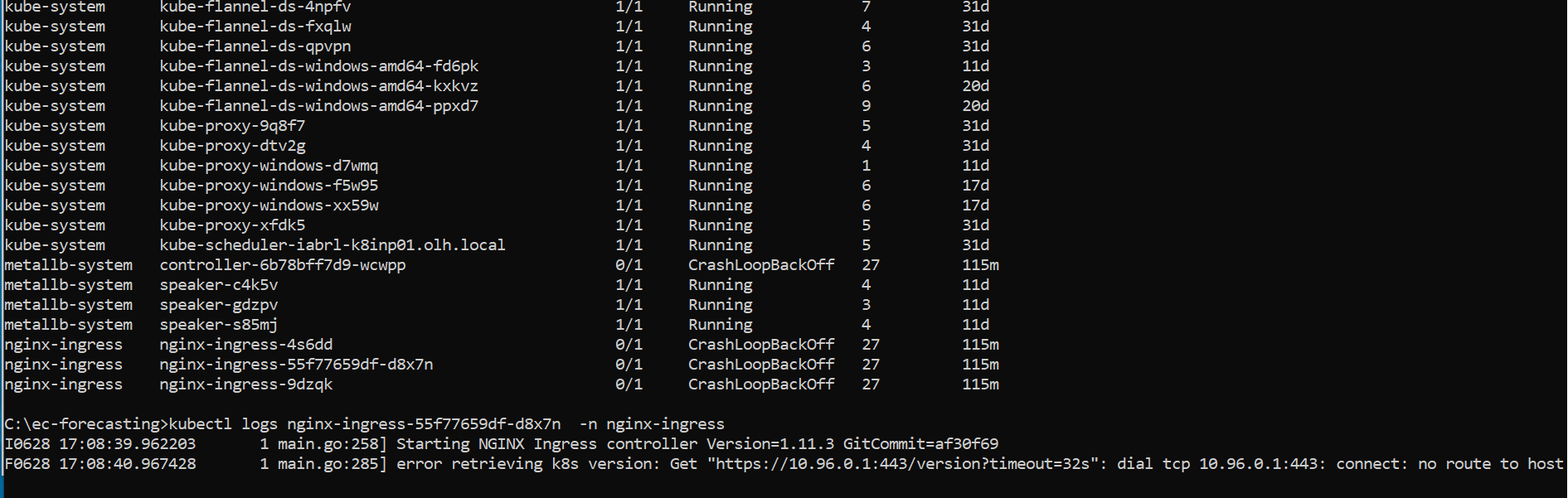 error retrieving k8s version: Get "https://10.96.0.1:443/version?timeout=32s": dial tcp 10.96.0 ...