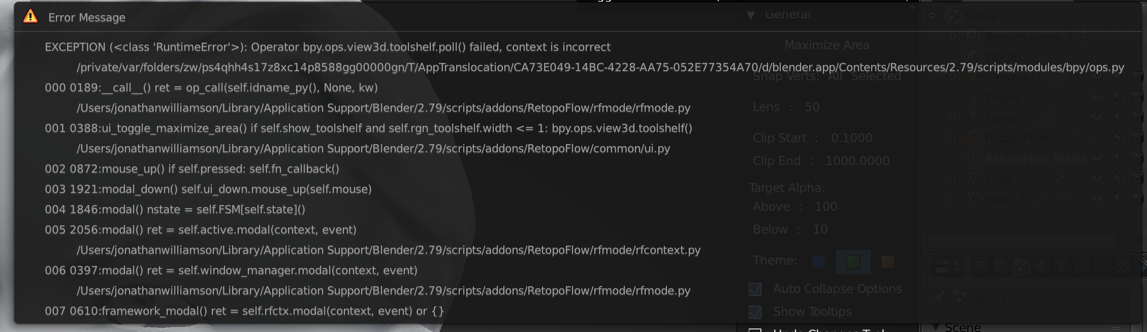 Un-Maximizing area throws a context is incorrect error · Issue #509 · CGCookie/retopoflow · GitHub