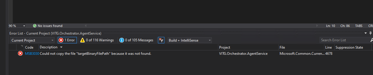 Could not copy the file "targetBinaryFilePath" because it was not found ...