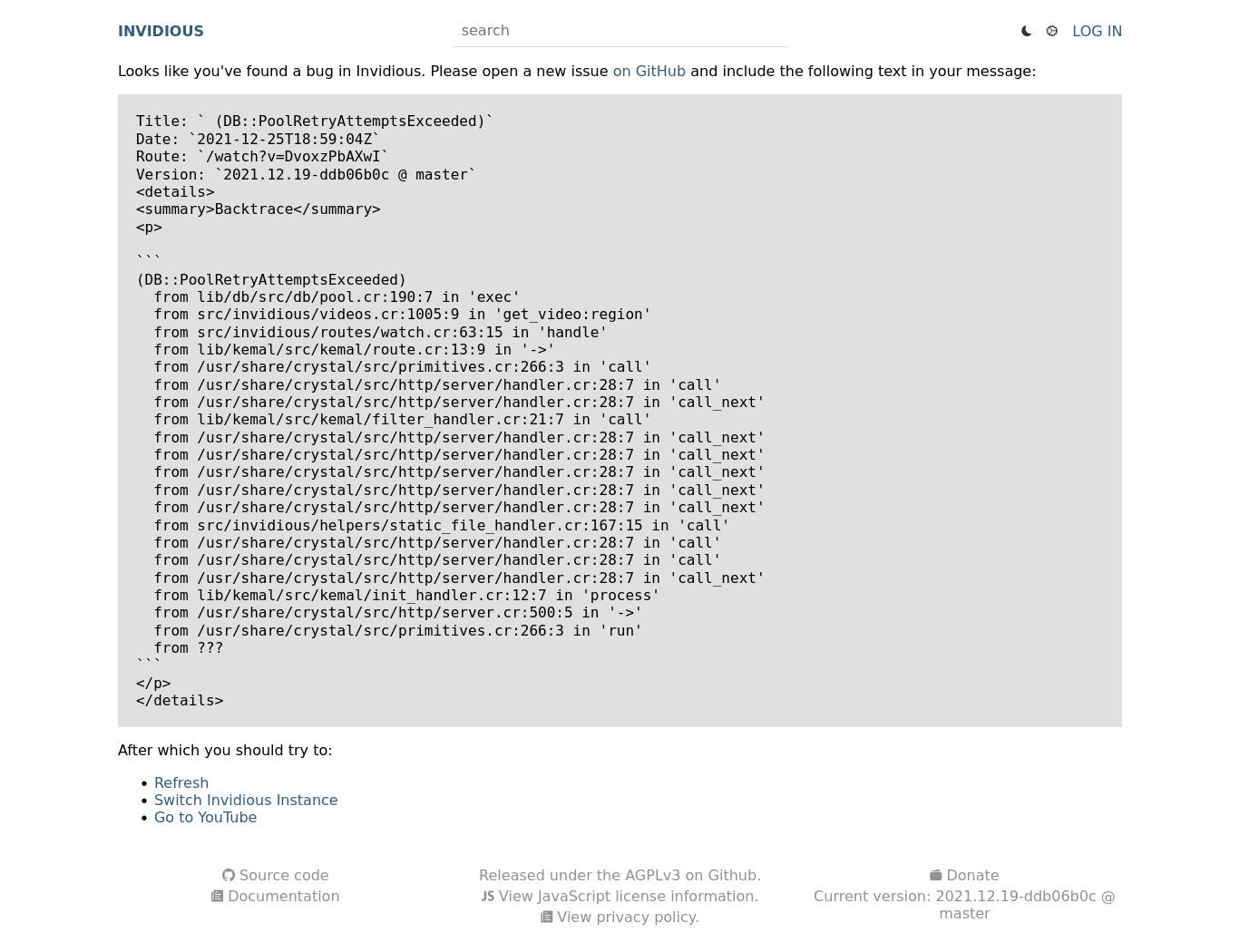 [Bug] DB::PoolRetryAttemptsExceeded · Issue #2743 · iv-org/invidious · GitHub
