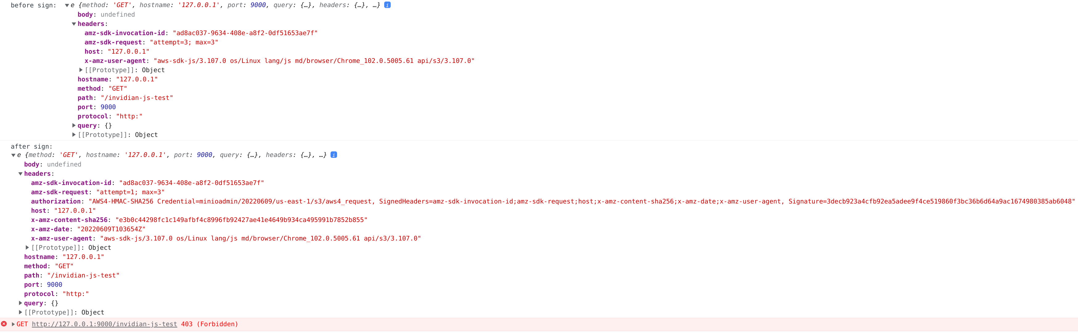 Webpack bundled code causes SignatureDoesNotMatch error when executed in browser with minio ...