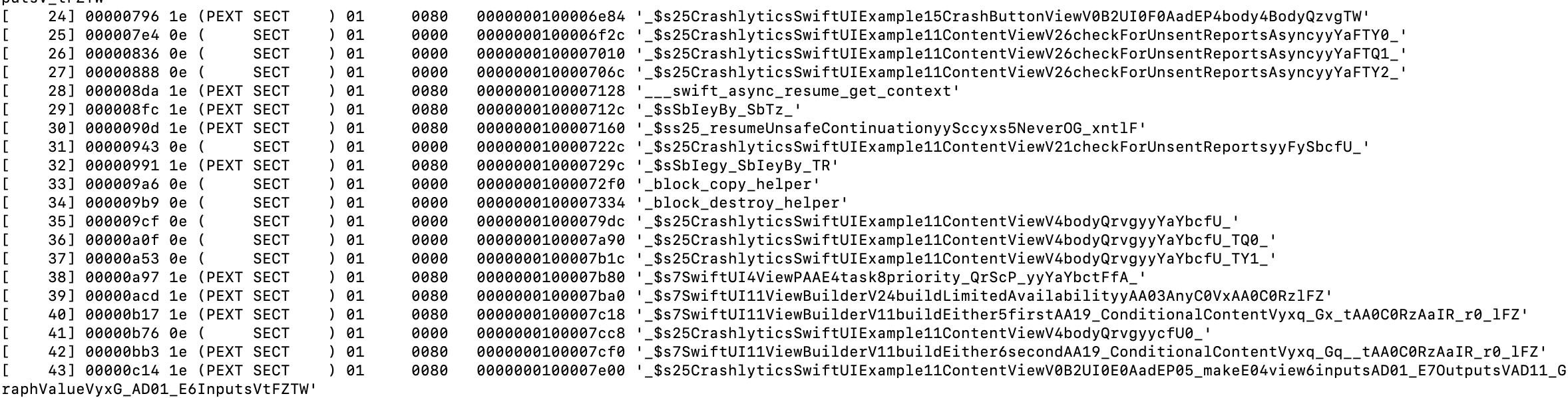 dSYMs contain obfuscated symbols in the symbol table section when ...