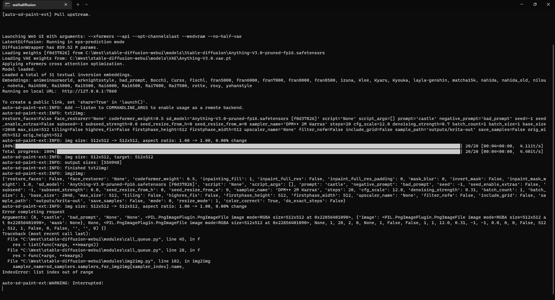 txt2img works, img2img and inpaint gives Index error: list out of range · Issue #57 · Interpause ...