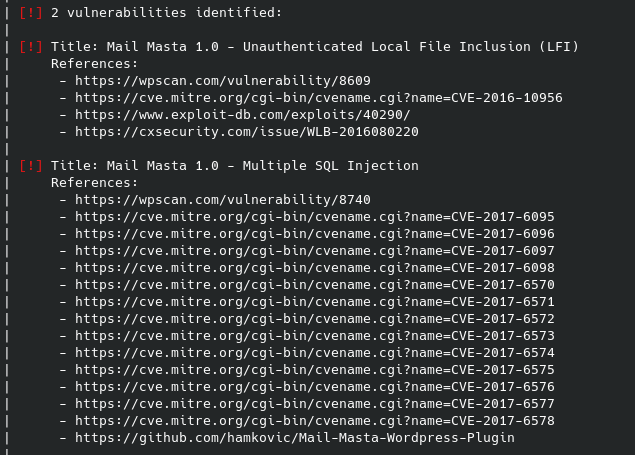 Mail Masta 1.0 - Multiple SQL Injection EDB link · Issue #1580 · wpscanteam/wpscan · GitHub