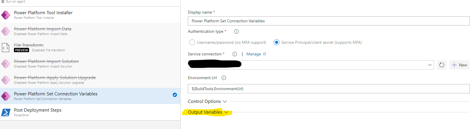 When adding PowerPlatformSetConnectionVariables@2 to a Task Group, Output Variables section is ...