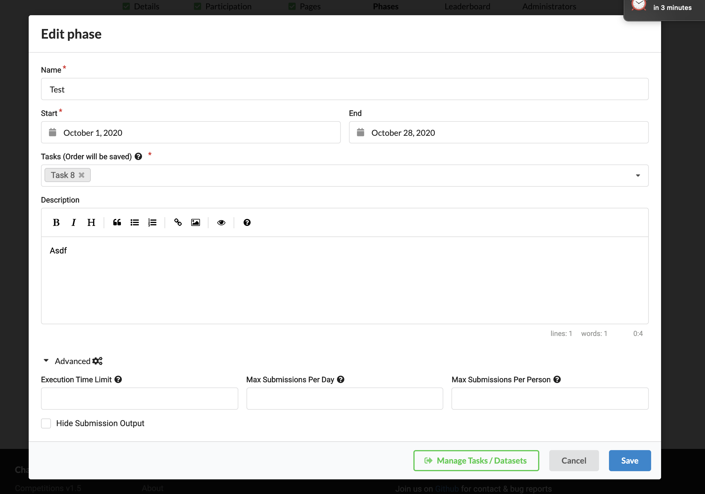 Description under Phase edit form isn't marked as required · Issue #525 · codalab/codabench · GitHub