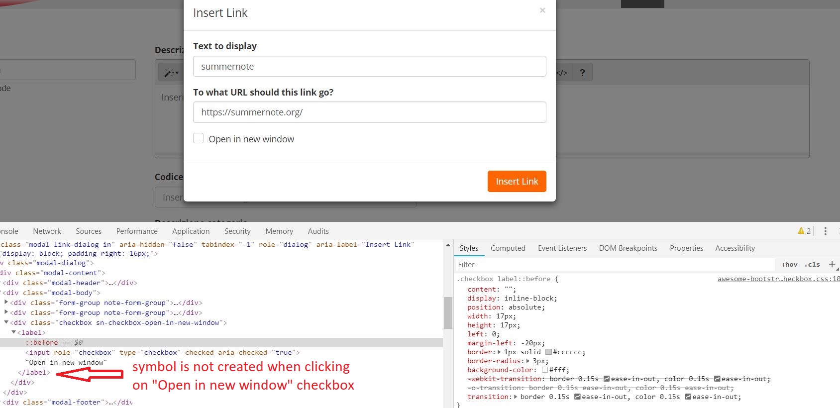 Insert Link modal - check symbol doesn't appear when clicking on "Open in new window" checkbox ...
