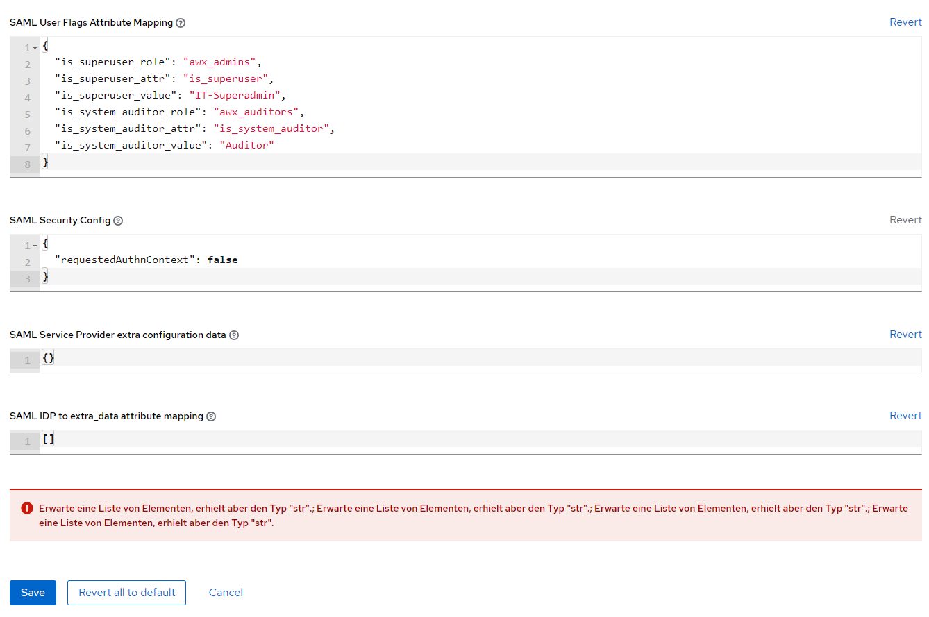 AWX SAML User Flags Attribute Mapping: Expect a list of elements · Issue #13014 · ansible/awx ...