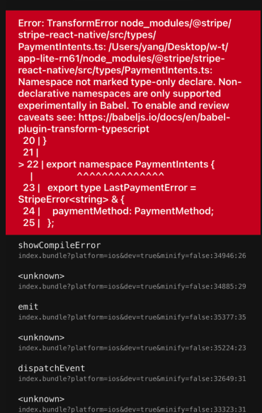 ios app crashes and error with "name space not marked type-only declare" · Issue #534 · stripe ...
