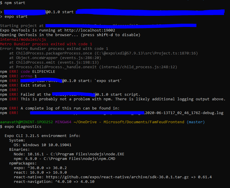 Cannot Start My Expo Due To Metro Bundler Process Exited With Code 1 · Issue 2255 · Expoexpo 8112