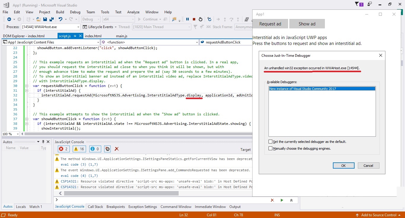 Microsoft Ads, interstitial requestAd crash · Issue #1465 · MicrosoftDocs/windows-dev-docs · GitHub