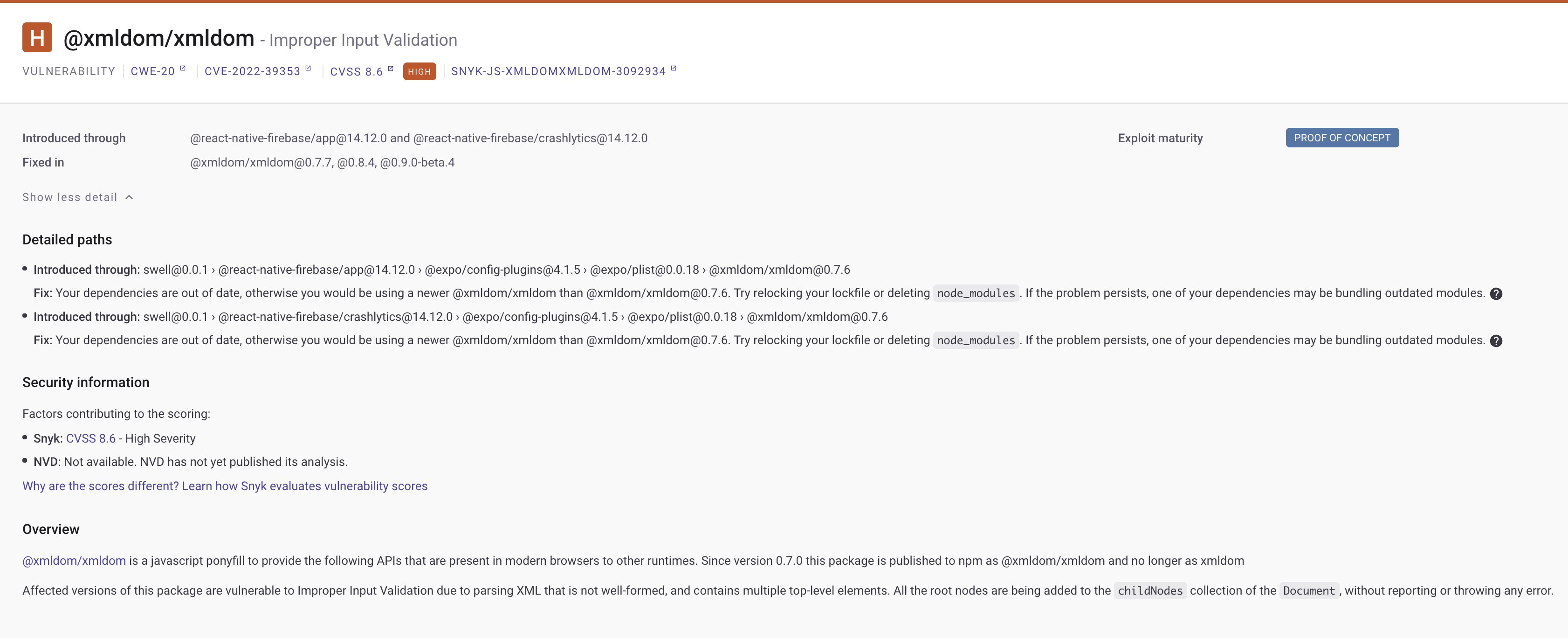 XMLDom Security issue in Snyk · Issue #6658 · invertase/react-native-firebase · GitHub