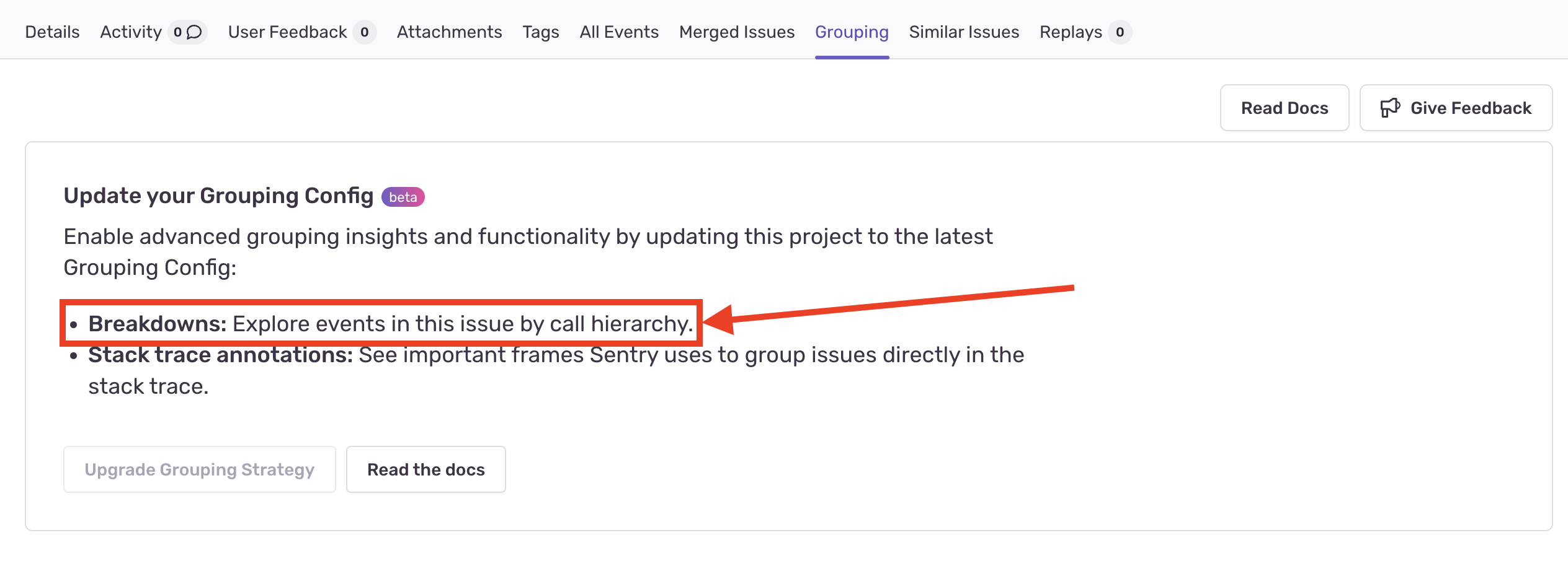 Remove "Breakdowns" callout on grouping tab · Issue #50304 · getsentry/sentry · GitHub