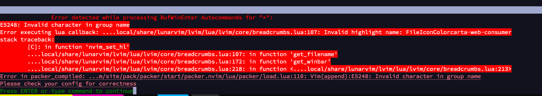 Error detected while processing BufWinEnter Autocommands for "*": · Issue #3330 · LunarVim ...