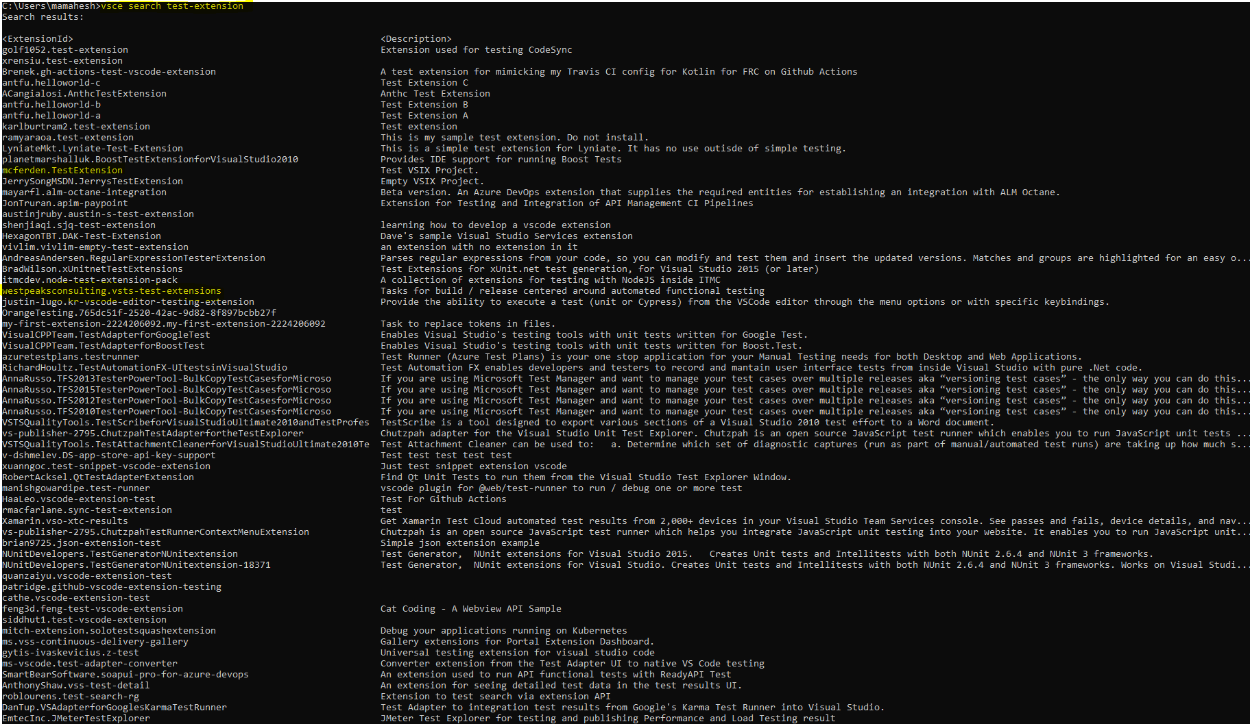 Searching Via Vsce Returns Ado And Vside Extensions Along With Vs Code