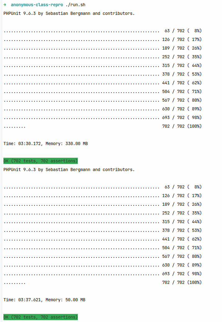Memory Leak When Running Anonymous Class Migrations In Phpunit Test 